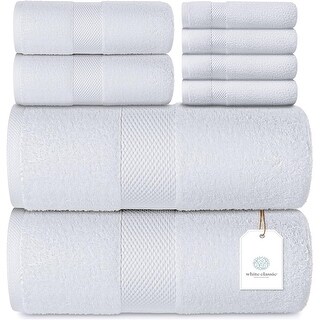 White Classic Luxury Cotton 8Pc Multi Size Towel Set [2 Bath Towels, 2 ...
